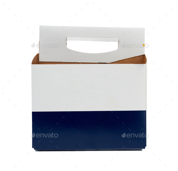 Cardboard blue-white box with a handle for transporting glass beer ...
