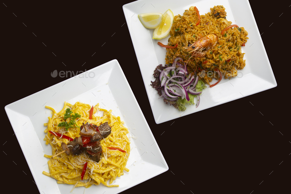 Typical Peruvian food seen from above on dark wooden table. Stock Photo ...