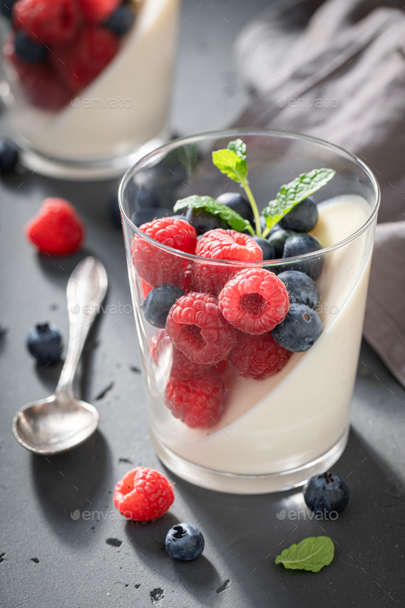 Sweet and fresh Panna Cotta made of gelatin and berries. Stock Photo by ...