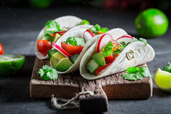 Healthy and tasty tacos as spicy starter for restaurant. Stock Photo by ...