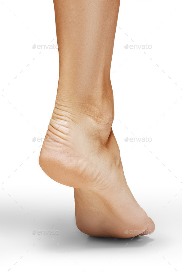 Back view of woman foot on white background, close-up Stock Photo by ...