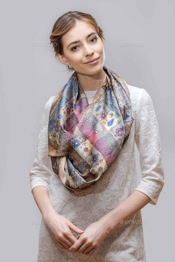 Beautiful fashion model posing with colorful silk scarf Stock Photo by ...