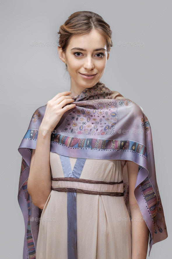 Beautiful fashion model posing with colorful silk scarf Stock Photo by ...