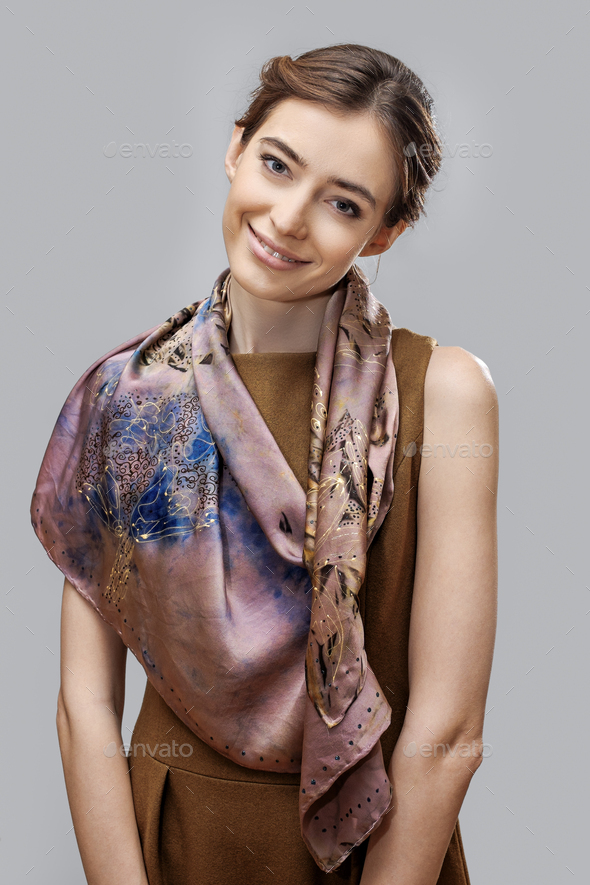 Beautiful fashion model posing with colorful silk scarf Stock Photo by ...