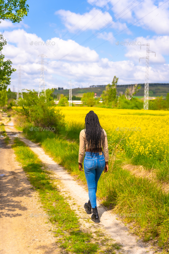 Walking together along a path, a black ethnic girl with braids, a ...