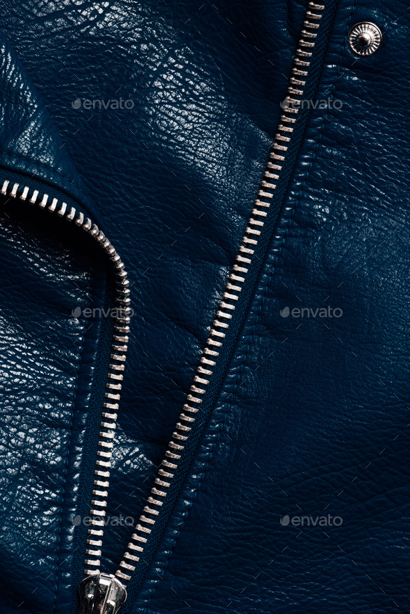top view of dark blue leather textile with zipper as background Stock ...