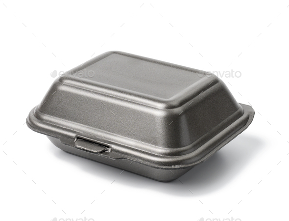Disposable food container. Gray box of polystyrene on a white ...
