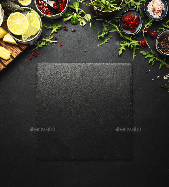 Healthy eating food layout background with slate board Stock Photo by 5PH