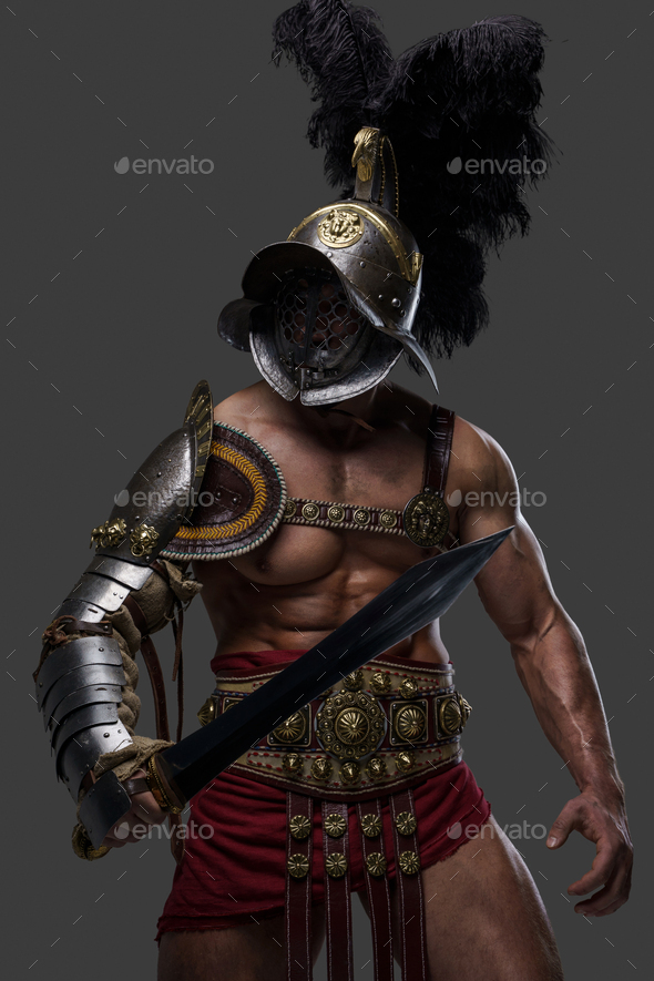 Muscular arena warrior with gladius against grey background Stock Photo ...