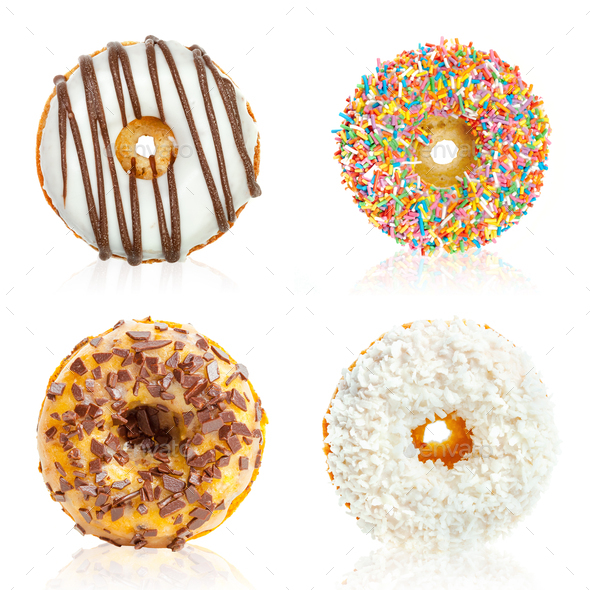 Delicious donuts collage, isolated on white Stock Photo by FabrikaPhoto
