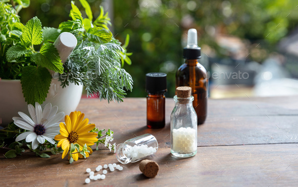 Homeopathy pharmacy, natural medicine. Homeopathic globule and bottle ...