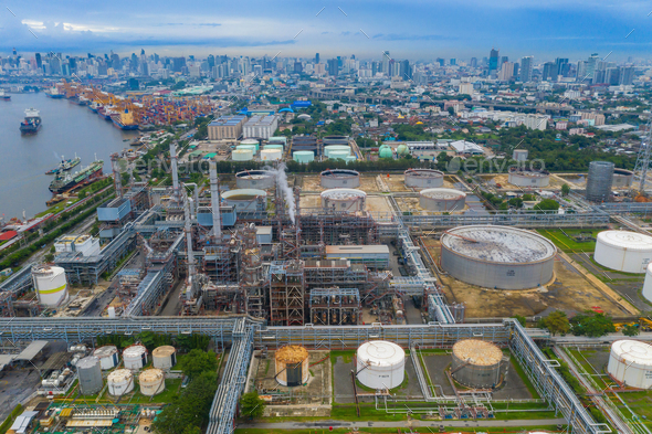 Petrochemical oil refinery in Bangkok City, Thailand. Oil and gas tanks ...
