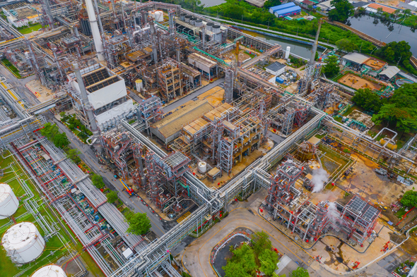 Petrochemical oil refinery in Bangkok City, Thailand. Oil and gas tanks ...