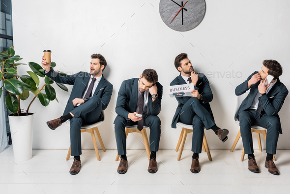 collage of young businessman with various poses and emotions waiting in ...