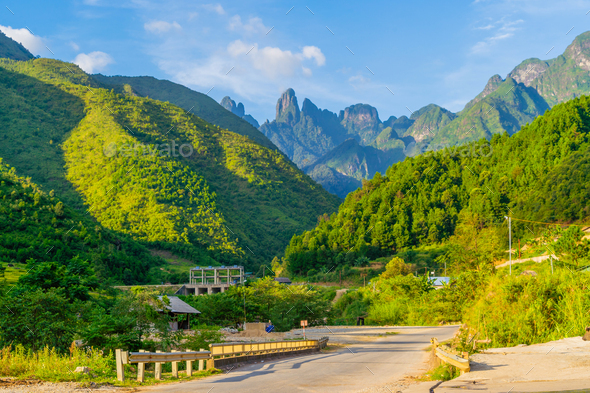 Fansipan mountain hills valley with forest trees. Panoramic view at ...