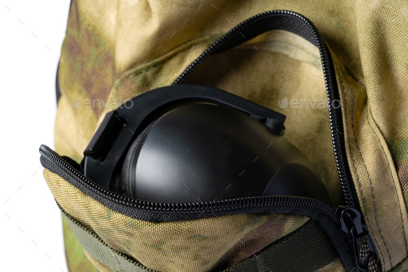Open military backpack of khaki color on a white background Stock Photo ...