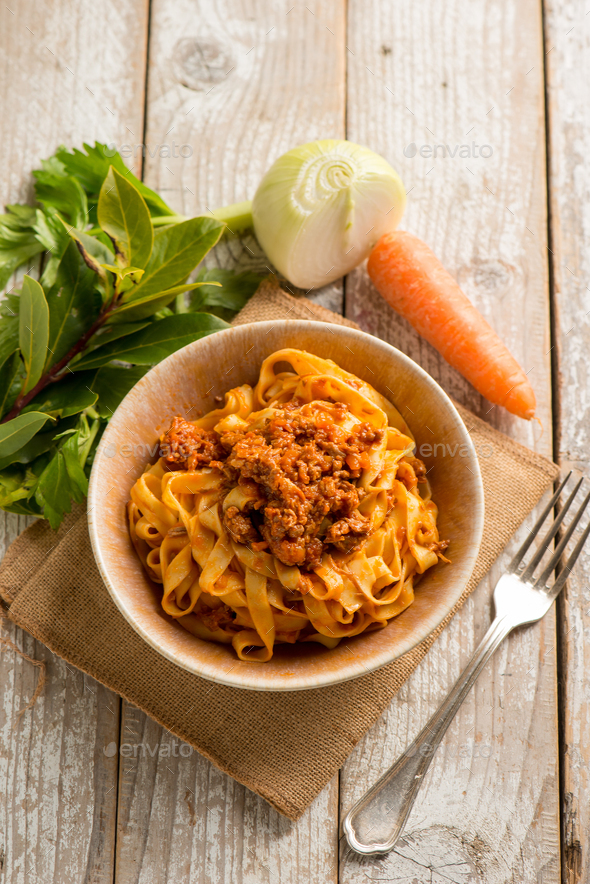 pasta with veal ragout traditional italian recipe Stock Photo by MarcoMayer
