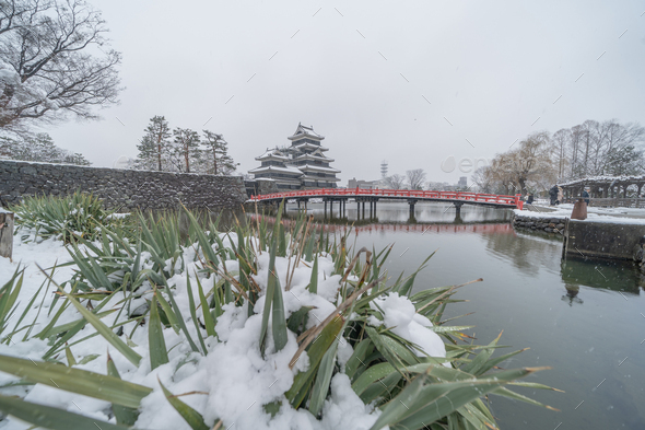 Matsumoto Castle and snow in winter season, Nagano, Japan. Architecture ...