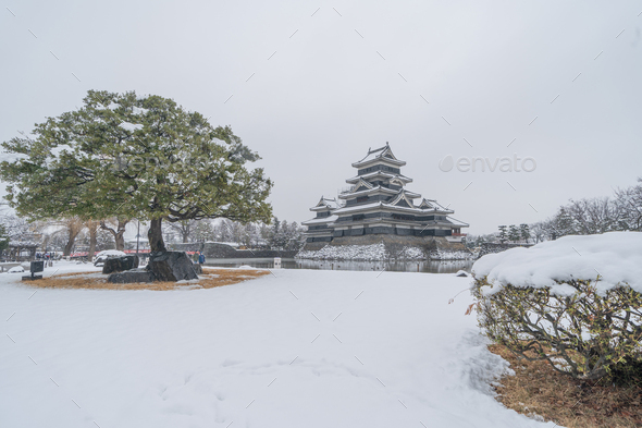 Matsumoto Castle and snow in winter season, Nagano, Japan. Architecture ...