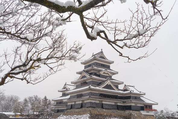 Matsumoto Castle and snow in winter season, Nagano, Japan. Architecture ...