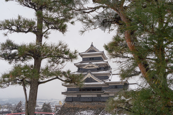 Matsumoto Castle and snow in winter season, Nagano, Japan. Architecture ...