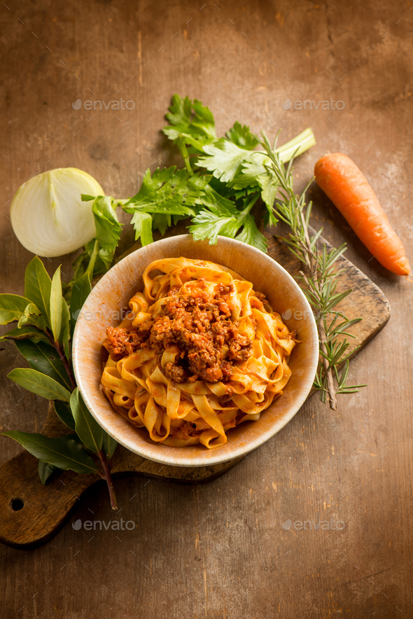 bolognese tagliatelle with ragout traditional italian recipe Stock ...