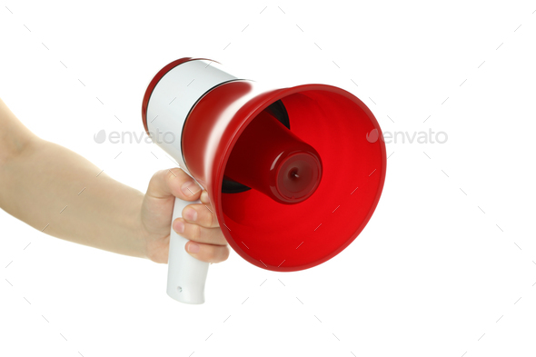 Female hand with megaphone isolated on white background Stock Photo by ...
