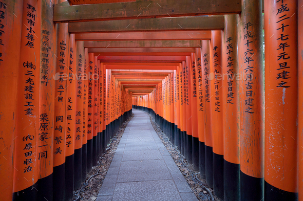 Traditional red Japanese umbrella in Fushimi Inari Taisha in Kyoto ...