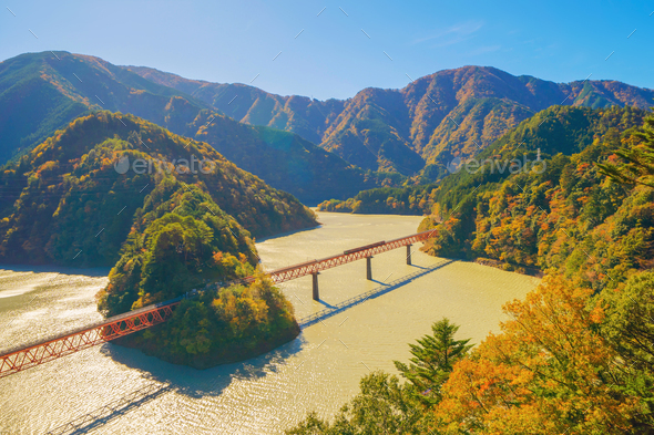 The steam train crossing Oigawa Railroad to go to station and blue ...