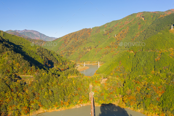 The steam train crossing Oigawa Railroad to go to station and blue ...