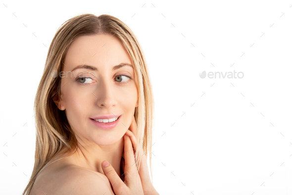 Beautiful woman shoulder cropped portrait with copy space. Stock Photo ...