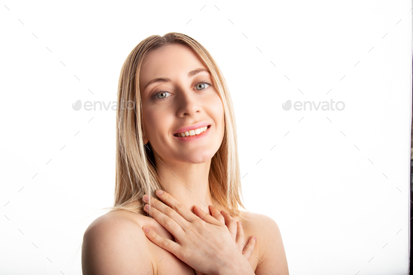 Beautiful woman shoulder cropped portrait with copy space. Stock Photo ...