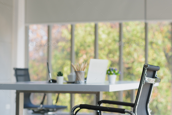 Modern interior design of office room in morning time. Stock Photo by ...