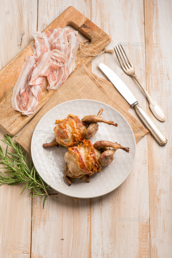 baked quail bacon wrapped and rosemary Stock Photo by MarcoMayer ...
