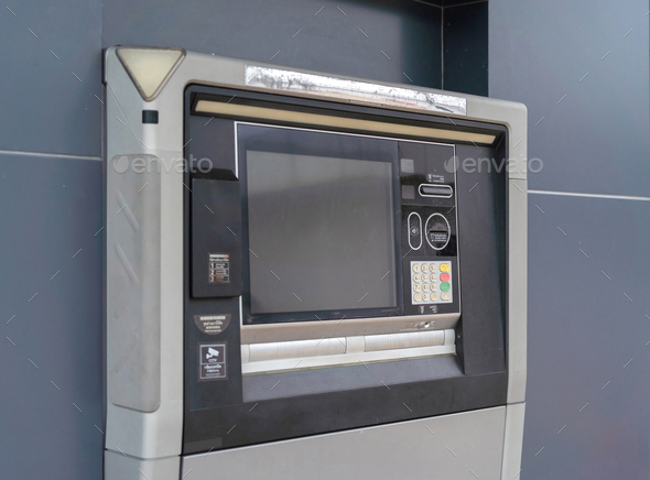 ATM drive through machine with blank screen at service station. Cash ...