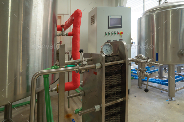 Brewery. Interior of a alcohol or beer drink machine room in kitchen ...