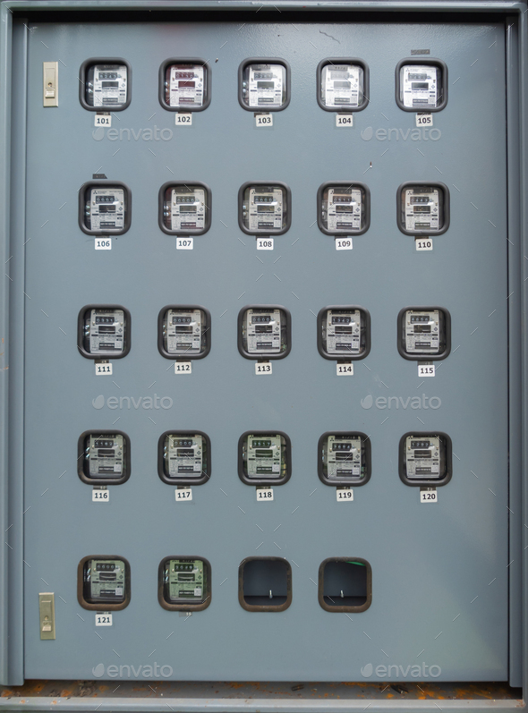 Electrical control meter panel board with number showing. Power plug of ...