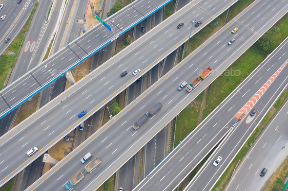 Cars driving on highway or motorway. Overpass bridge street roads in ...
