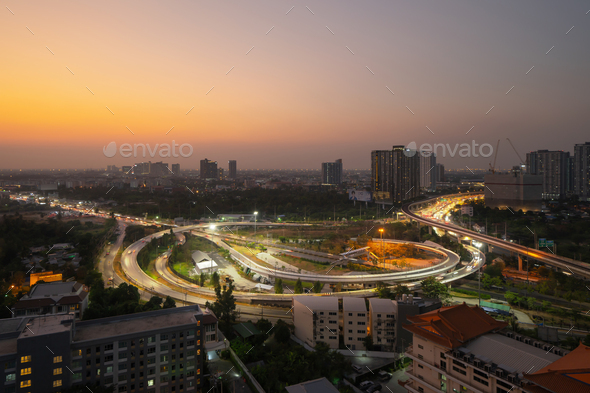 Cars driving on highway or motorway. Overpass bridge street roads in ...