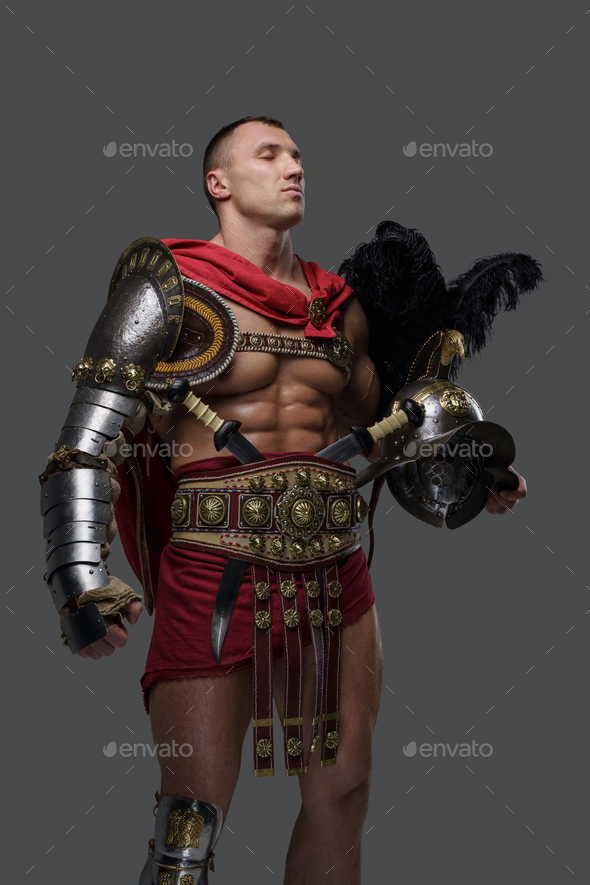 Legendary roman gladiator with red cloak and plumed helmet Stock Photo ...