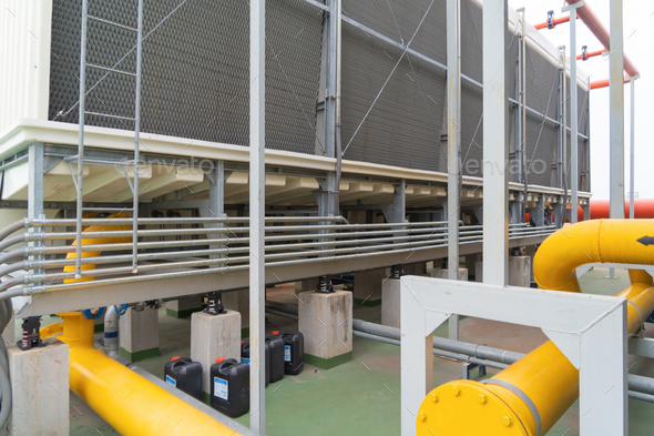 Industry factory. Cooling tower in building. System work machine. Water ...