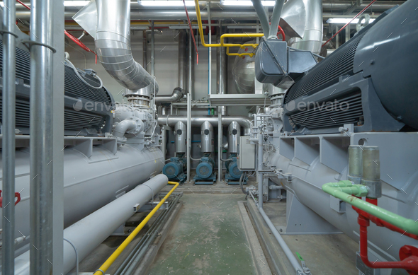 Industry factory. Cooling tower in building. System work machine. Water ...