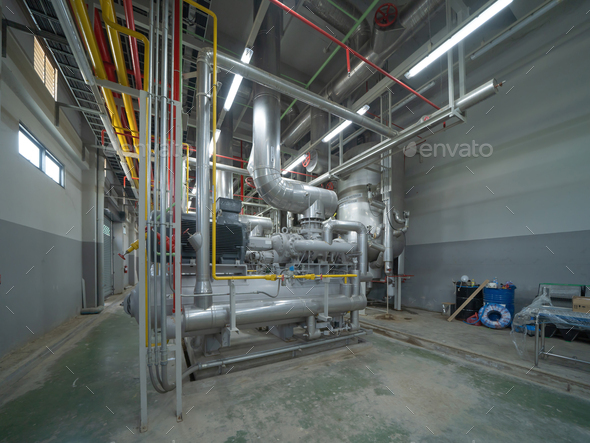 Industry factory. Cooling tower in building. System work machine. Water ...