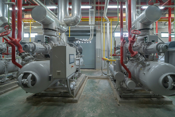 Industry factory. Cooling tower in building. System work machine. Water ...