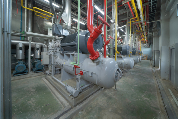 Industry factory. Cooling tower in building. System work machine. Water ...