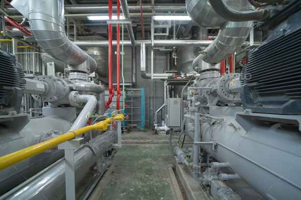 Industry factory. Cooling tower in building. System work machine. Water ...