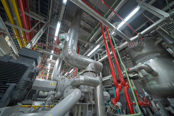 Industry factory. Cooling tower in building. System work machine. Water ...