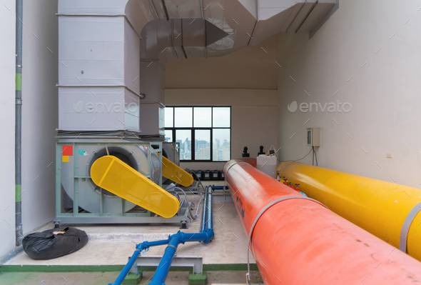 Industry factory. Cooling tower in building. System work machine. Water ...