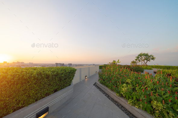 Sky garden on private rooftop of condominium or hotel, high rise ...