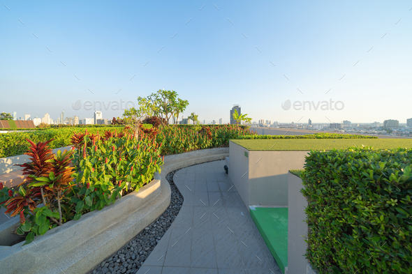 Sky garden on private rooftop of condominium or hotel, high rise ...